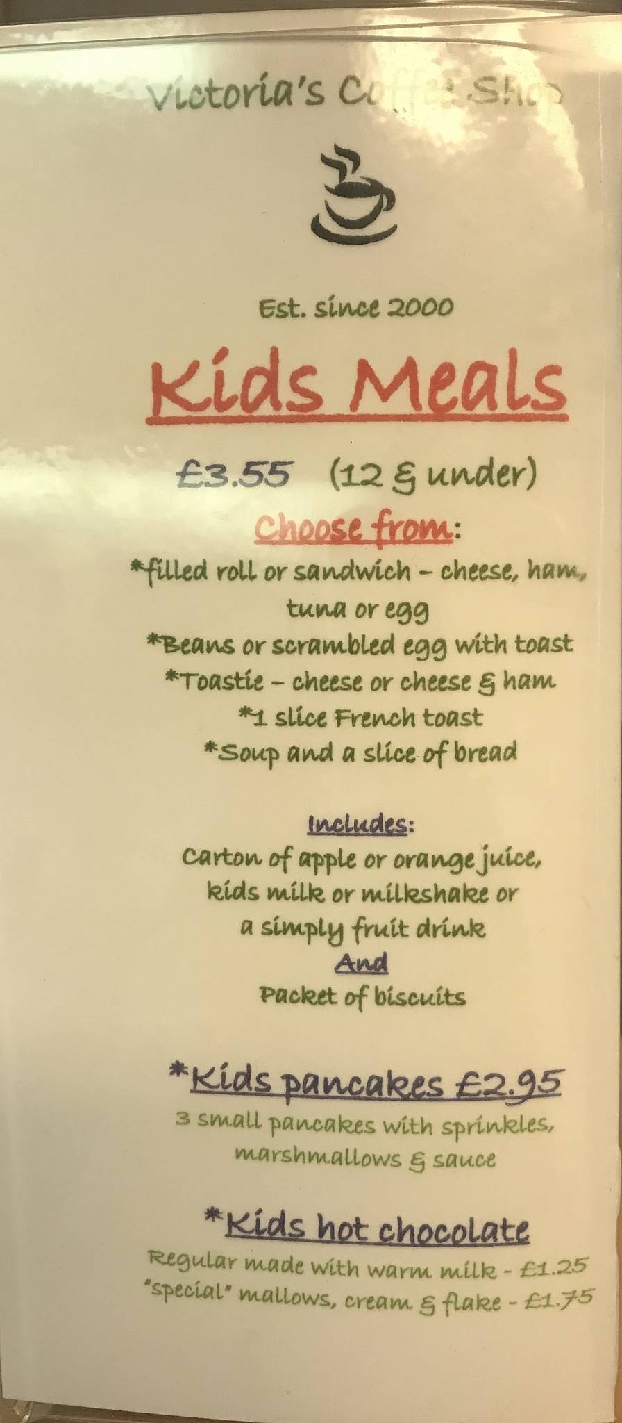 Menu at Victoria's Coffee Shop cafe, Stirling