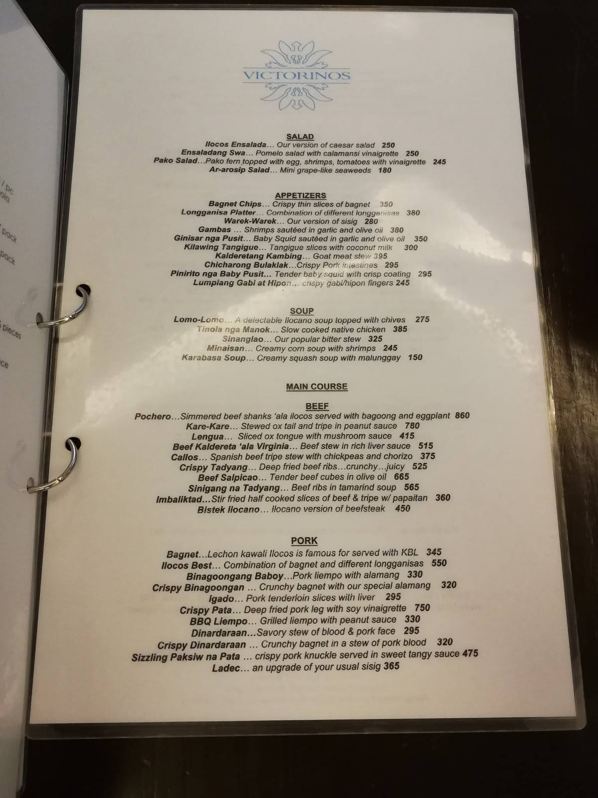 Menu at Victorino's Restaurant, Quezon City