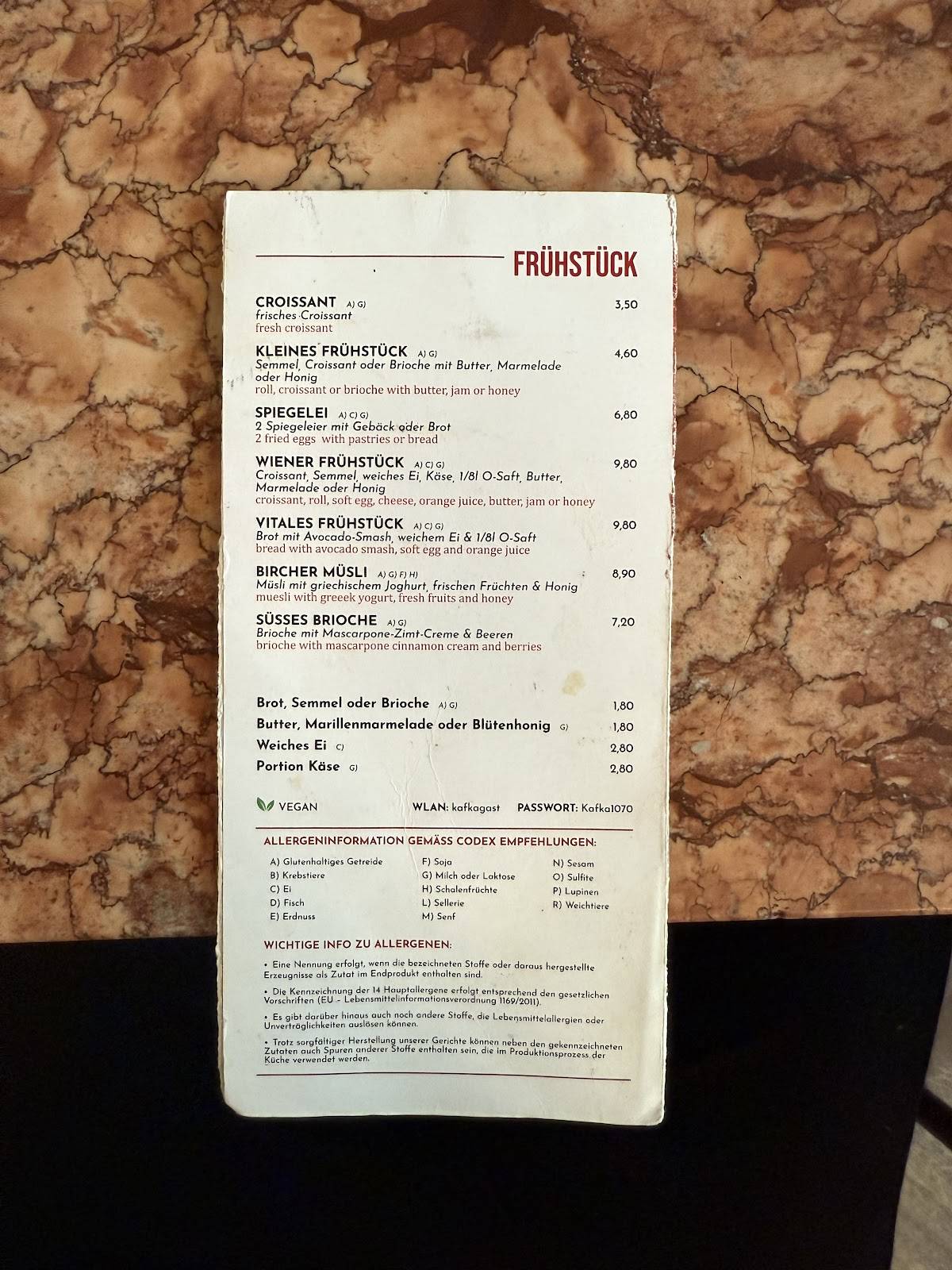 Speisekarte von Café Kafka cafe, Wien, Capistrangasse 8