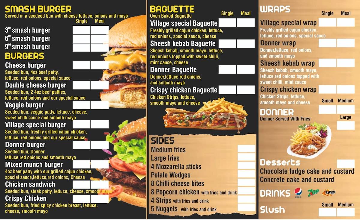 Menu at Village grill restaurant, Birmingham
