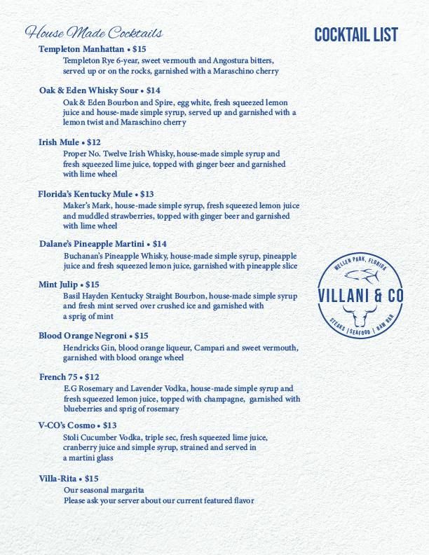 Menu at Villani & Co Wellen Park Steak Seafood Raw Bar, Venice