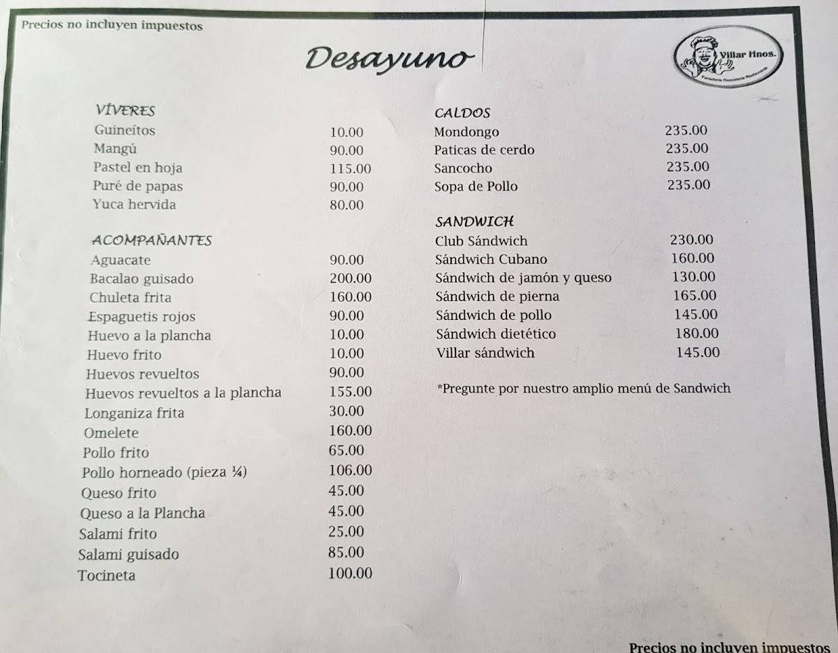 Carta del restaurante Villar Hermanos, Santo Domingo