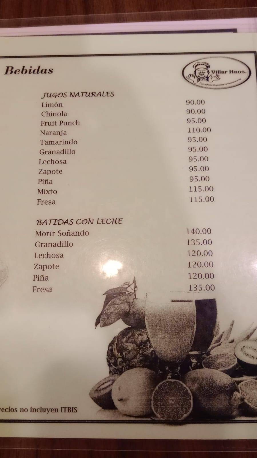 Menu at Villar Hermanos restaurant, Santo Domingo