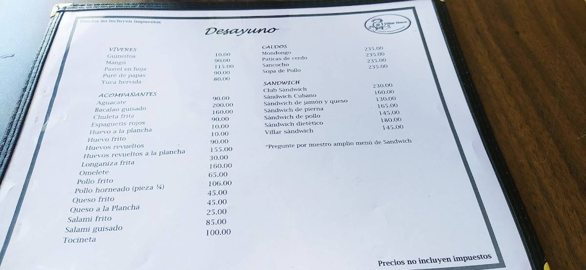 Carta del restaurante Villar Hermanos, Santo Domingo