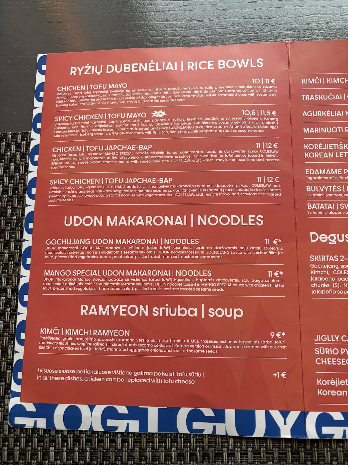 Menu at Gogi Guy restaurant, Vilnius