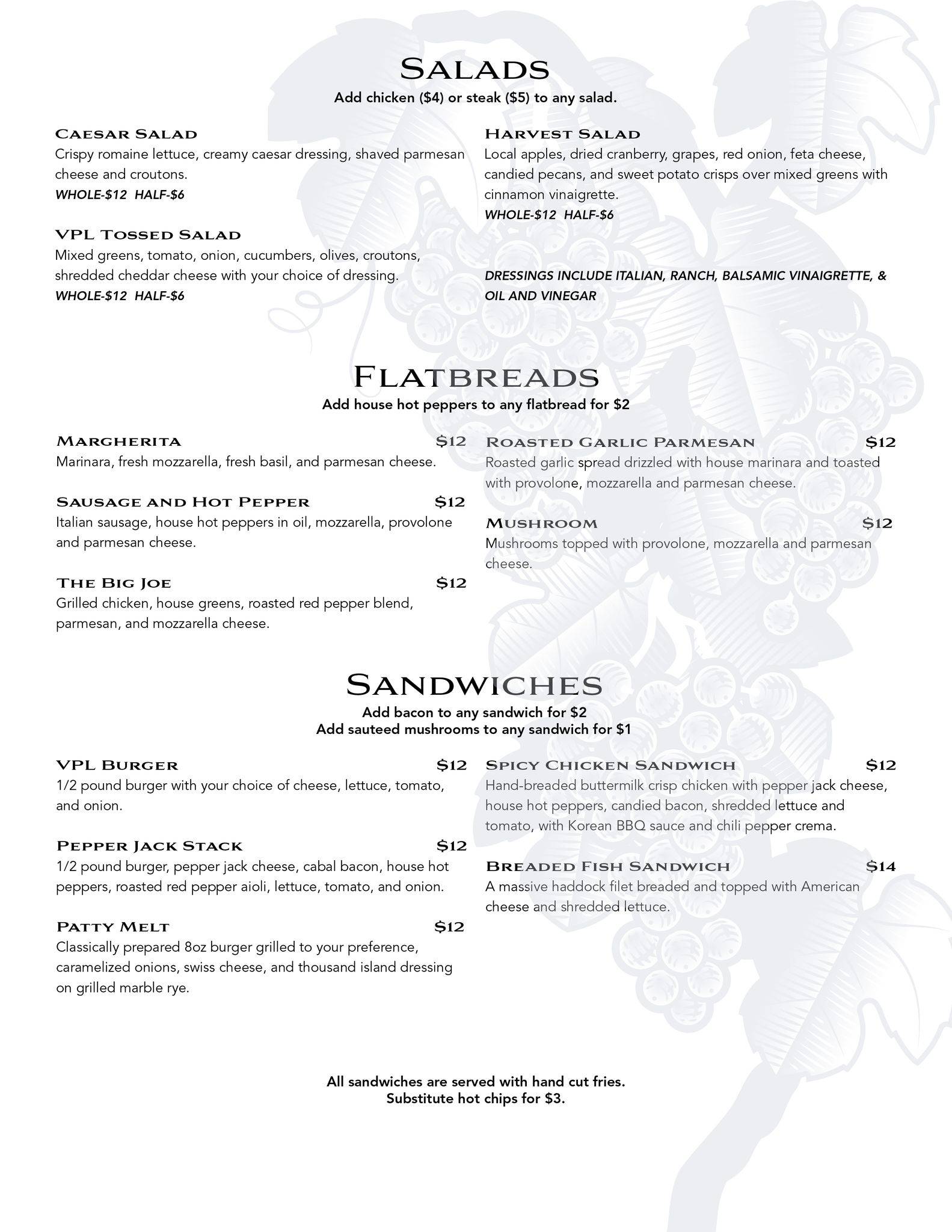 Menu at Vineyards at Pine Lake pub & bar, Columbiana