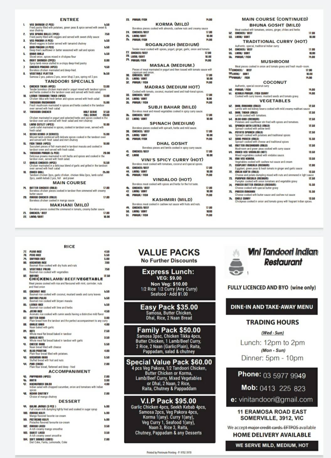 Menu at Vini Tandoori Indian Restaurant, Somerville, 11 Eramosa Rd E