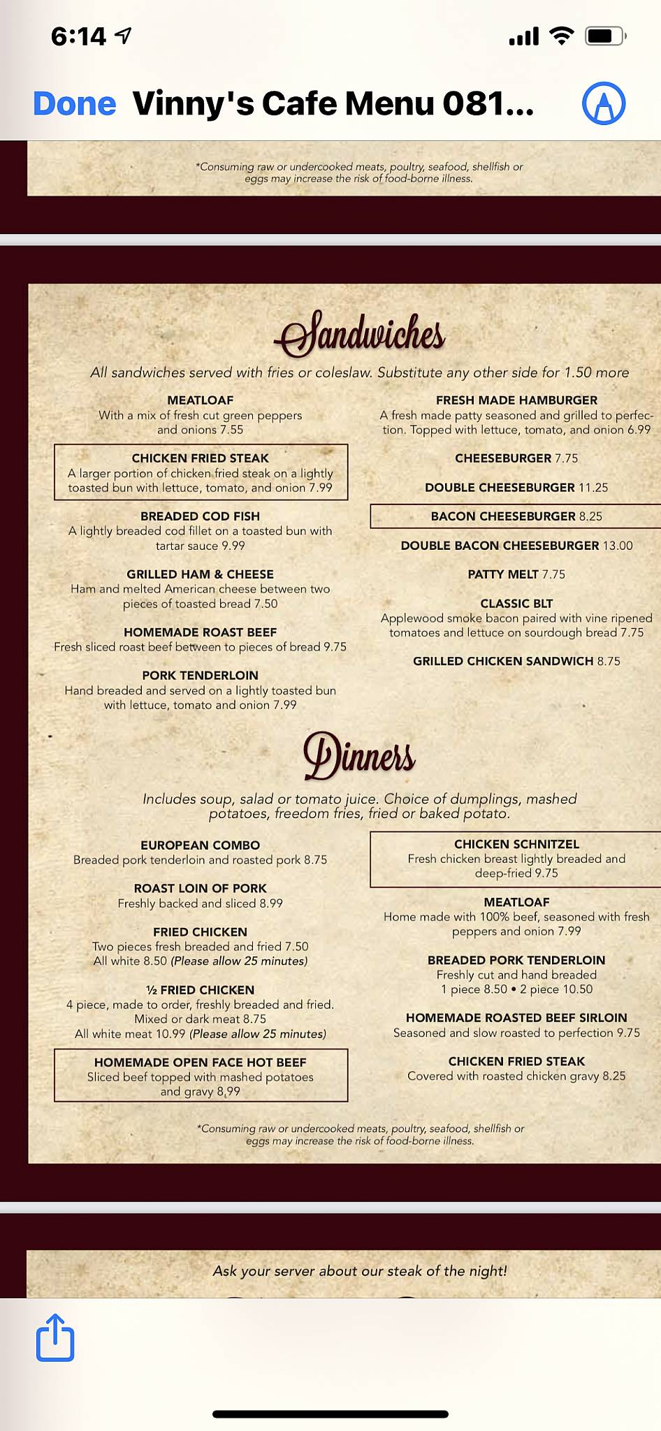 Menu at Little Vinny's Cafe & Lounge, Laurie
