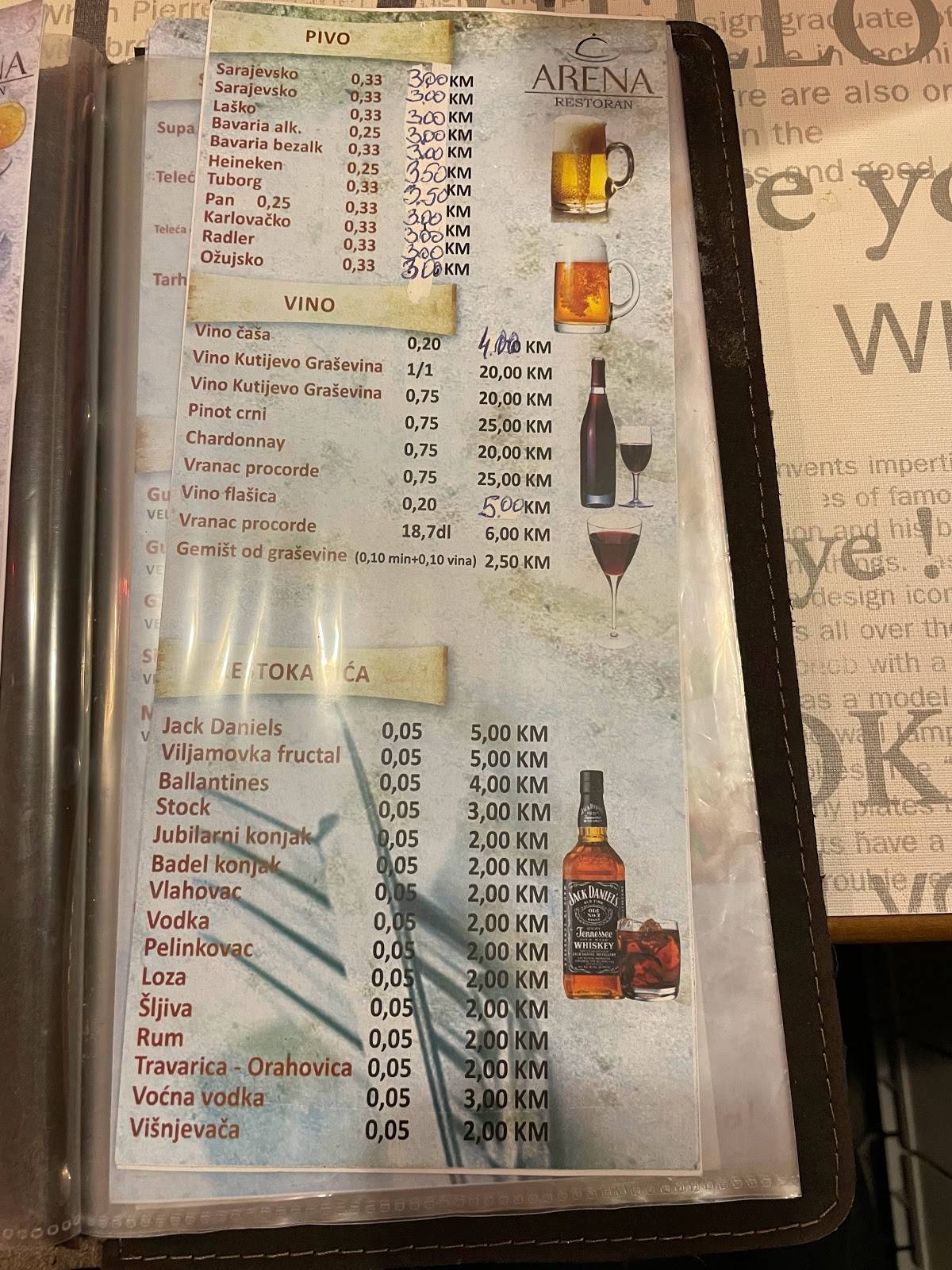 Menu at Arena restaurant, Vitez