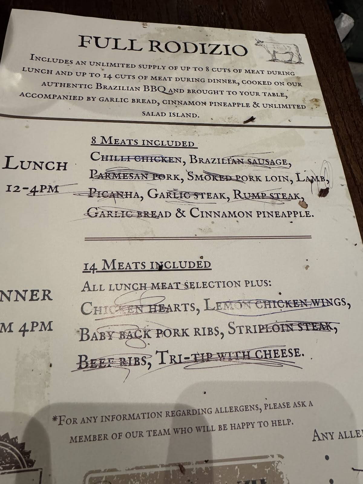Menu at Viva Brazil Cardiff restaurant, Cardiff