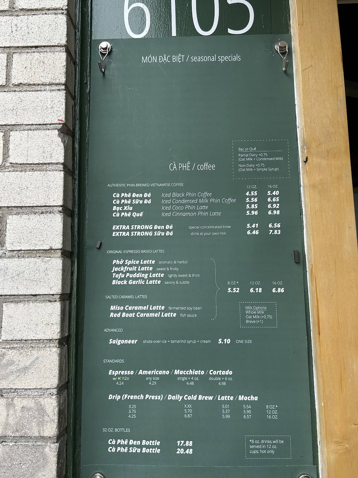 Menu at Voi Cà Phê restaurant, Seattle