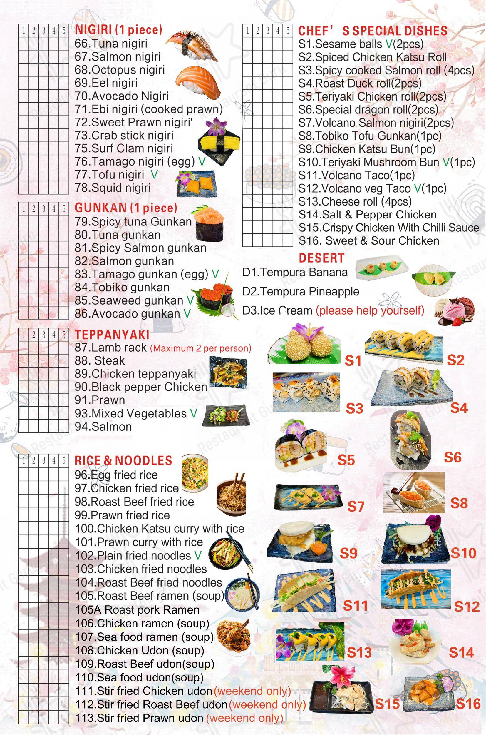 Menu at Volcano Japanese restaurant, Cardiff