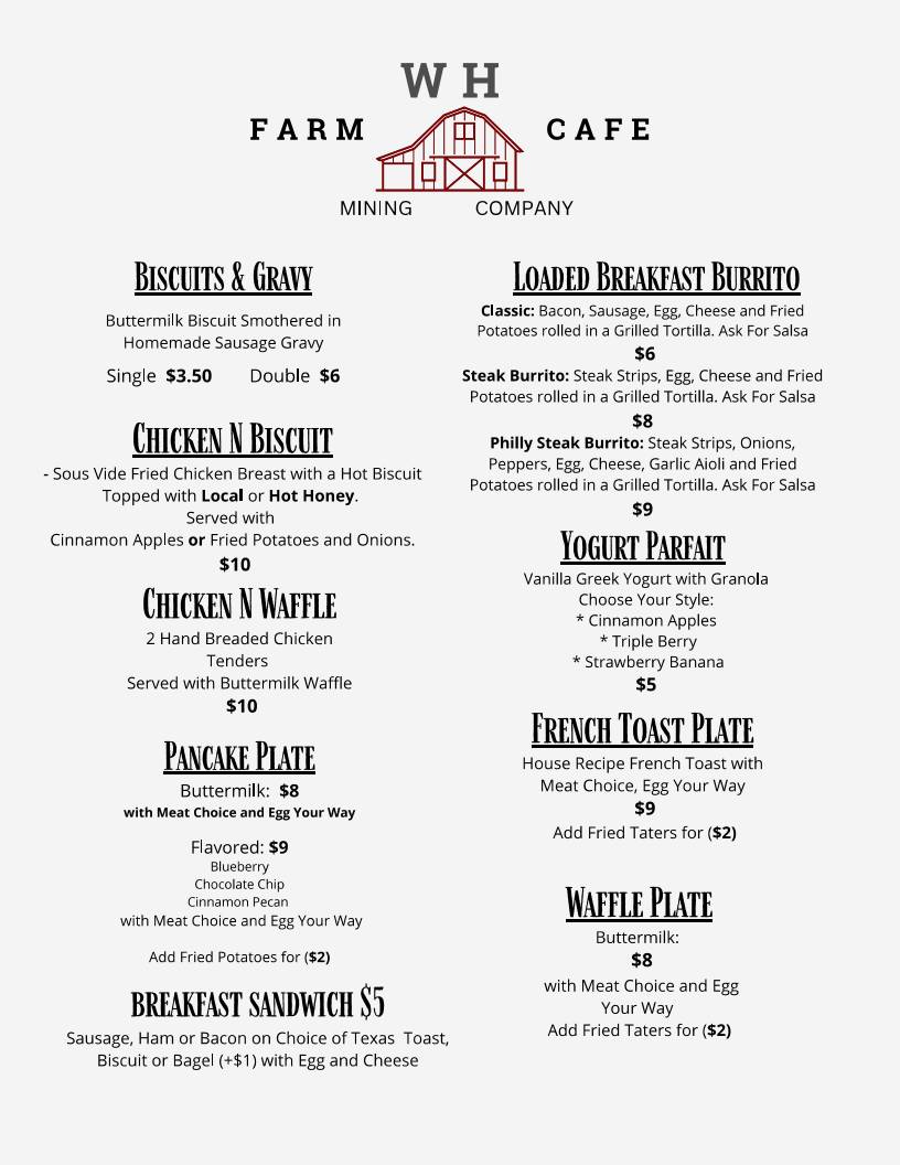 Menu at W.H. Farm Cafe Mining Co., Granby