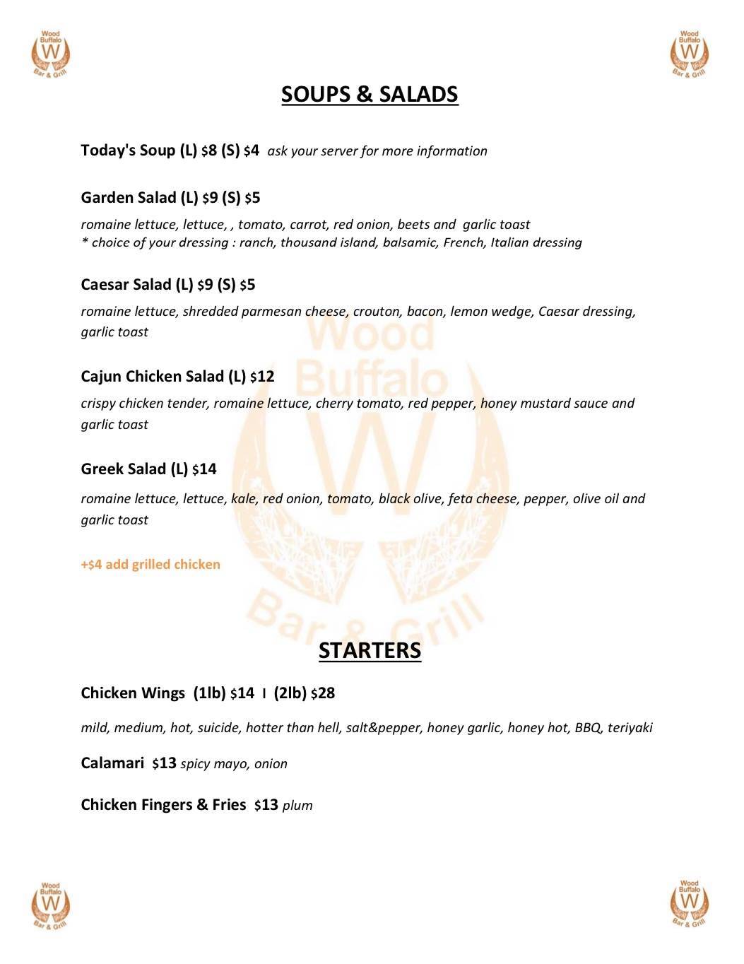 Menu at Wood Buffalo Bar & Grill, Wabasca-Desmarais