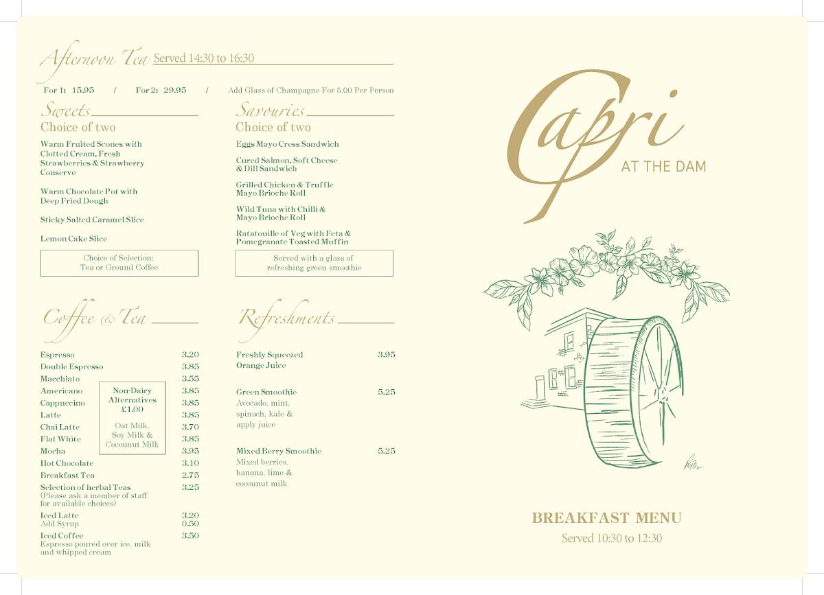 Menu at Capri at Newmillerdam restaurant, Wakefield, 648 Barnsley Rd