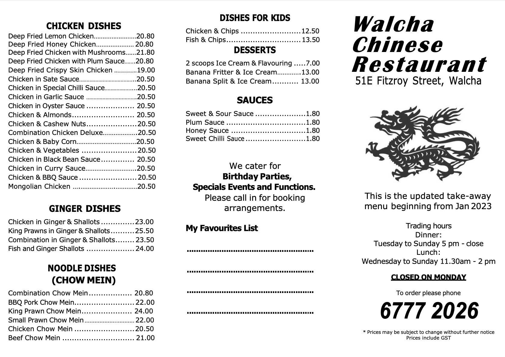 Menu at Walcha Chinese Restaurant, Walcha, 51E Fitzroy St
