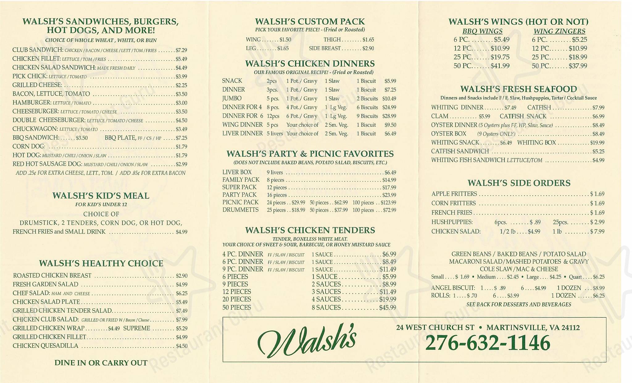 Menu at Walsh's Chicken & More restaurant, Martinsville, 24 W Church St