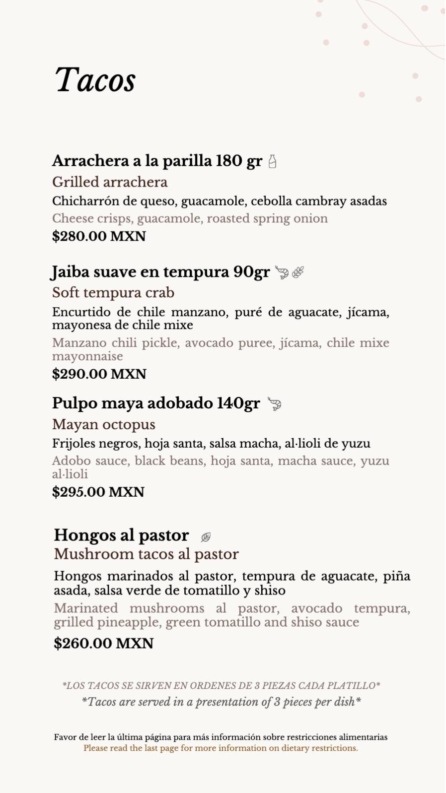 Carta del restaurante Wander Rooftop, Cancún