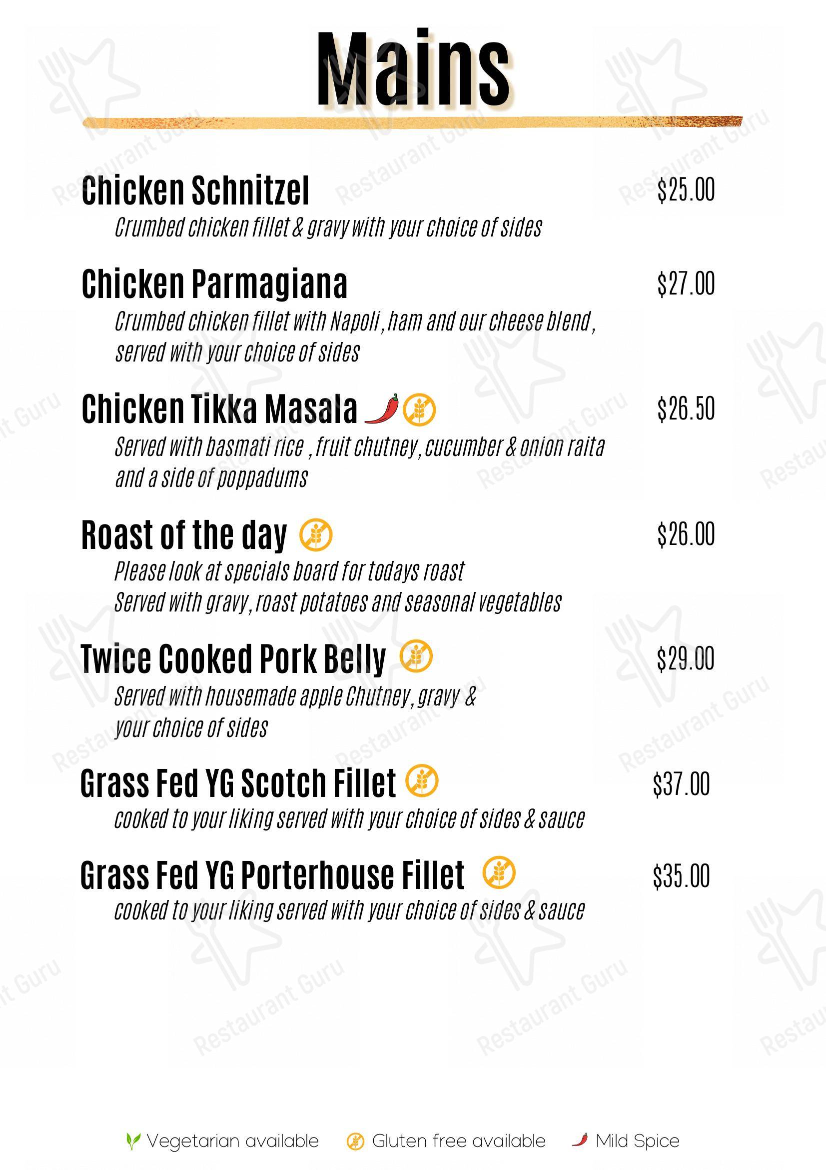 Menu at Wangaratta Club, Wangaratta