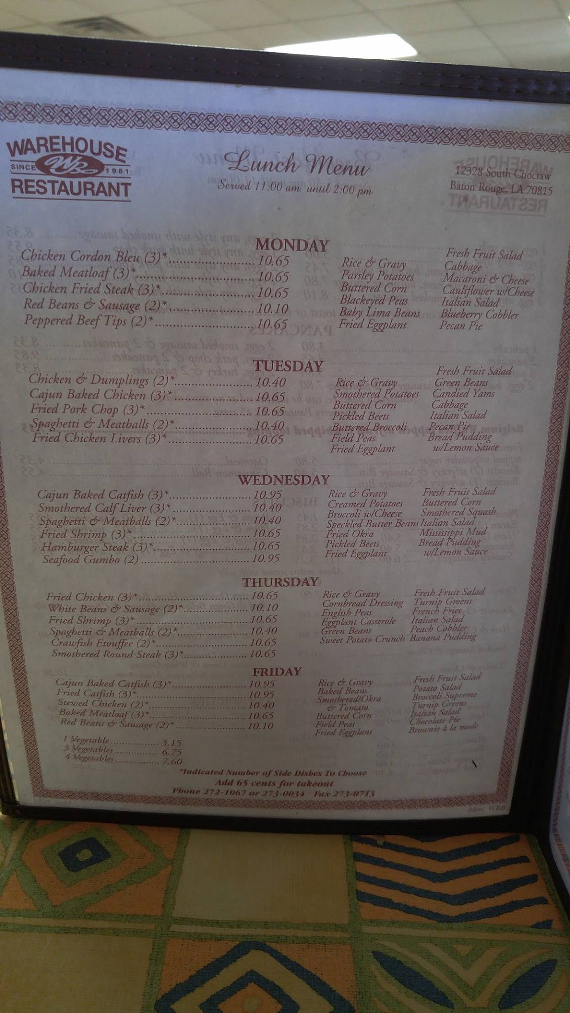 Menu at Warehouse Restaurant, Baton Rouge