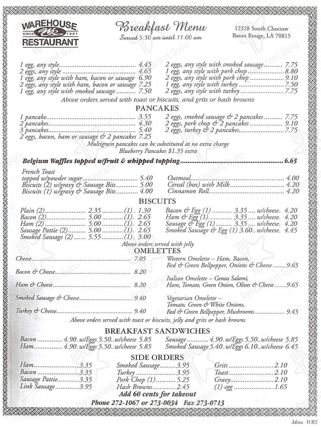 Menu at Warehouse Restaurant, Baton Rouge