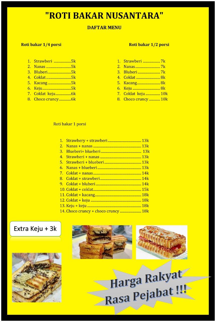 Menu at Waroeng Roti Bakar Nusantara restaurant, Sekincau