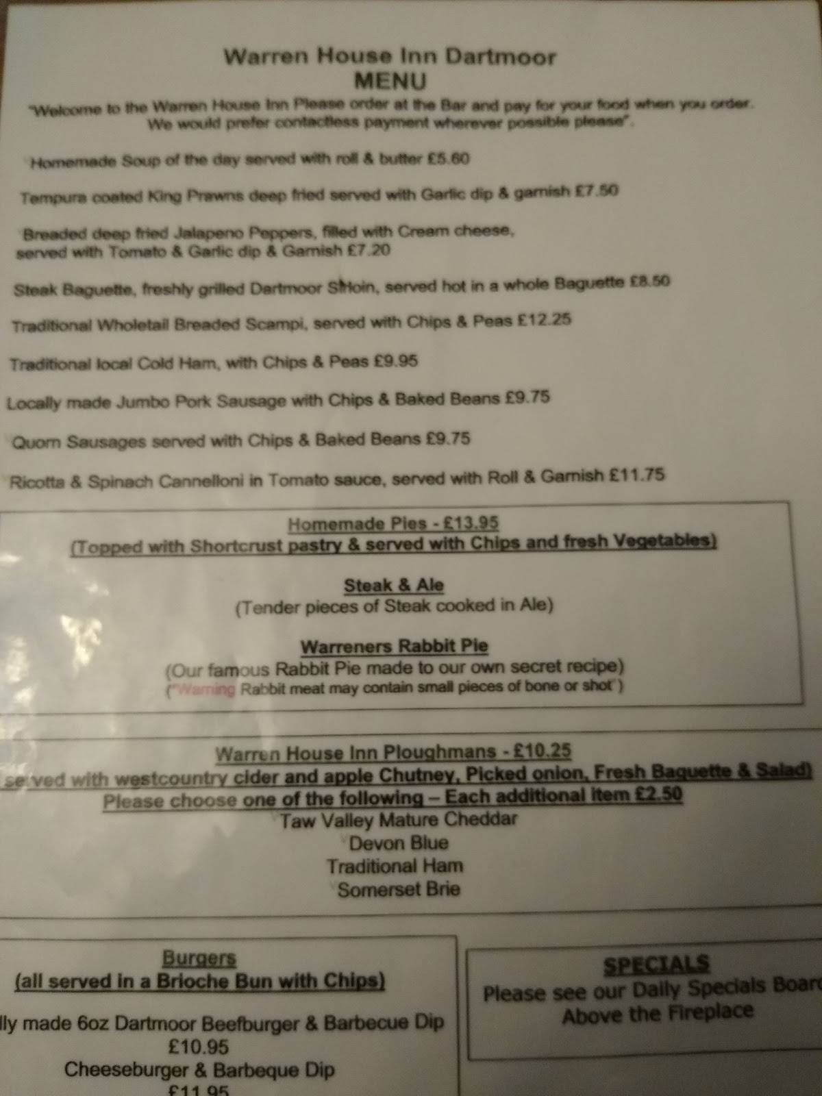 Menu at Warren House Inn pub & bar, Dartmoor Forest