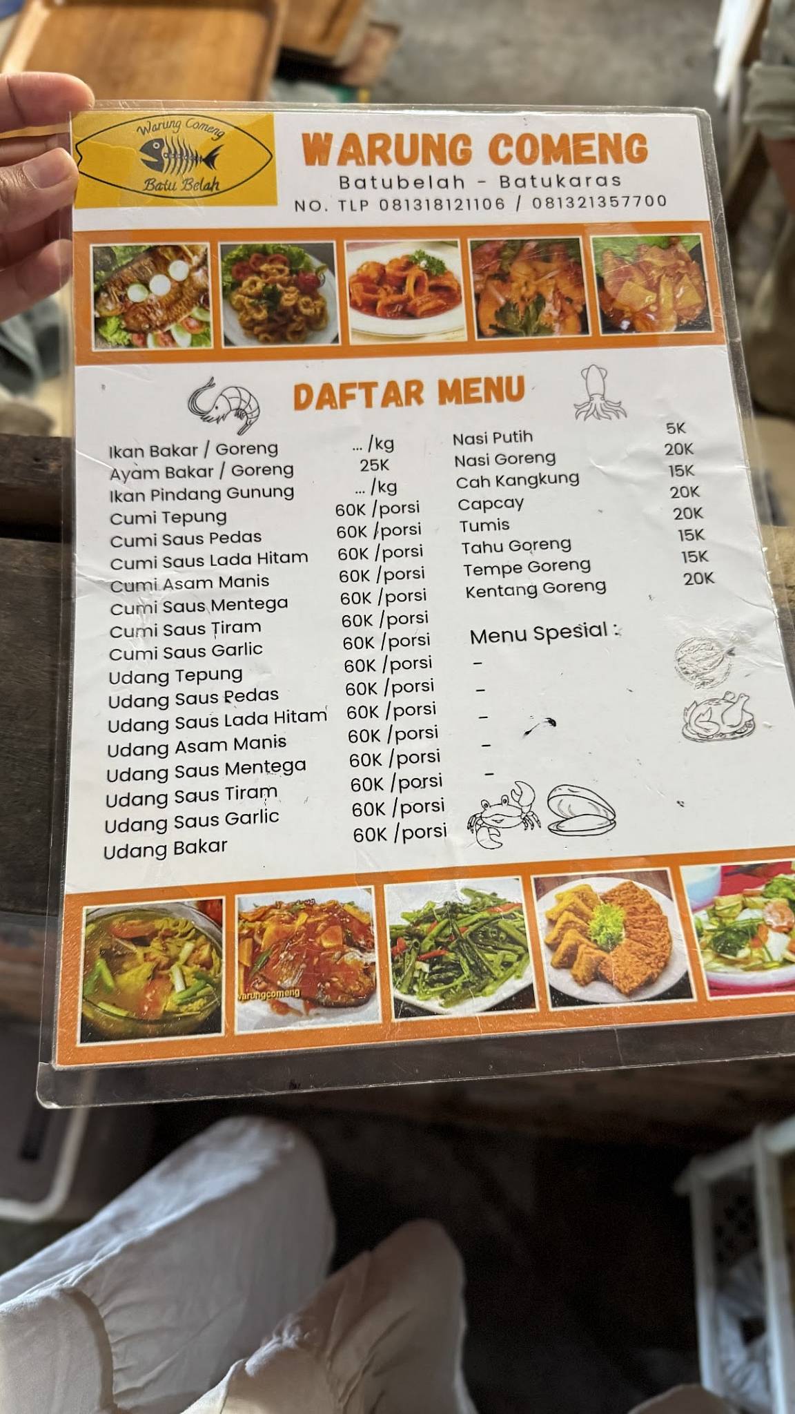 Menu at Warung Comeng restaurant, Batukaras