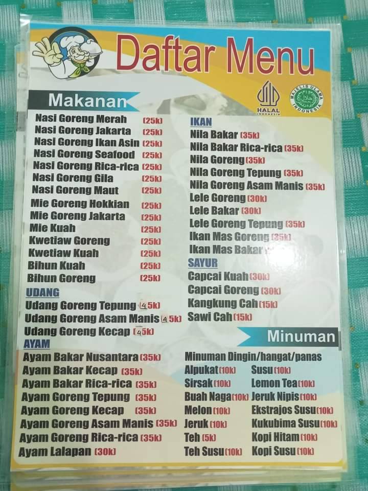 Menu at Warung nusantara restaurant, Barong Tongkok