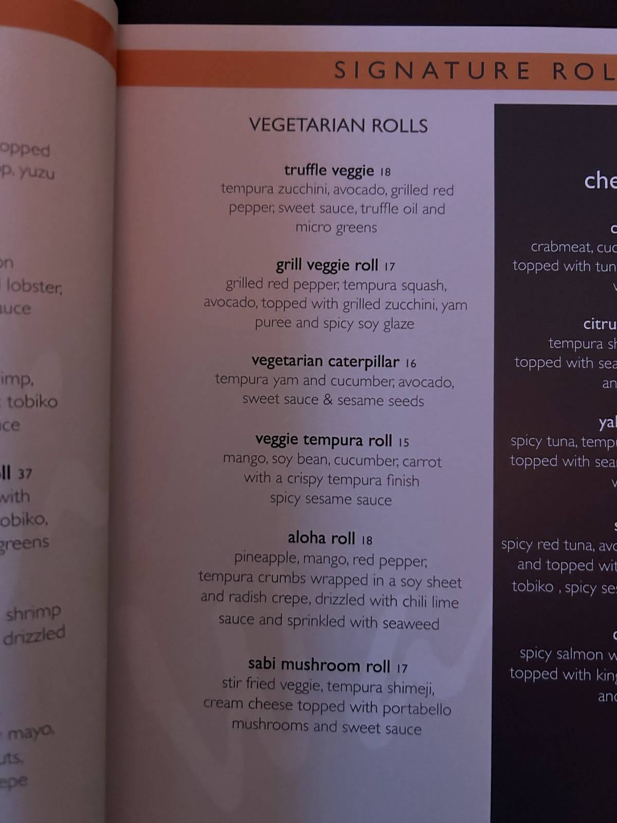 Menu at Wasabi Sabi restaurant, Winnipeg