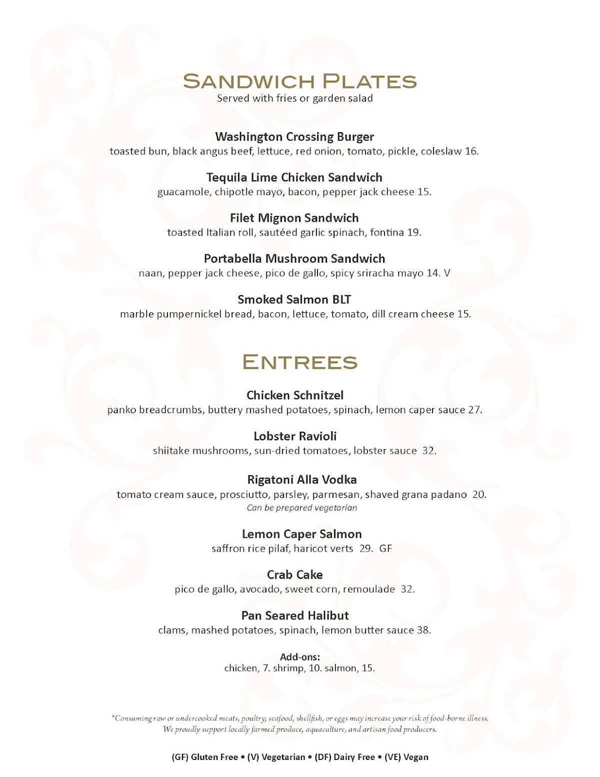 Menu at Washington Crossing Inn restaurant, Washington Crossing