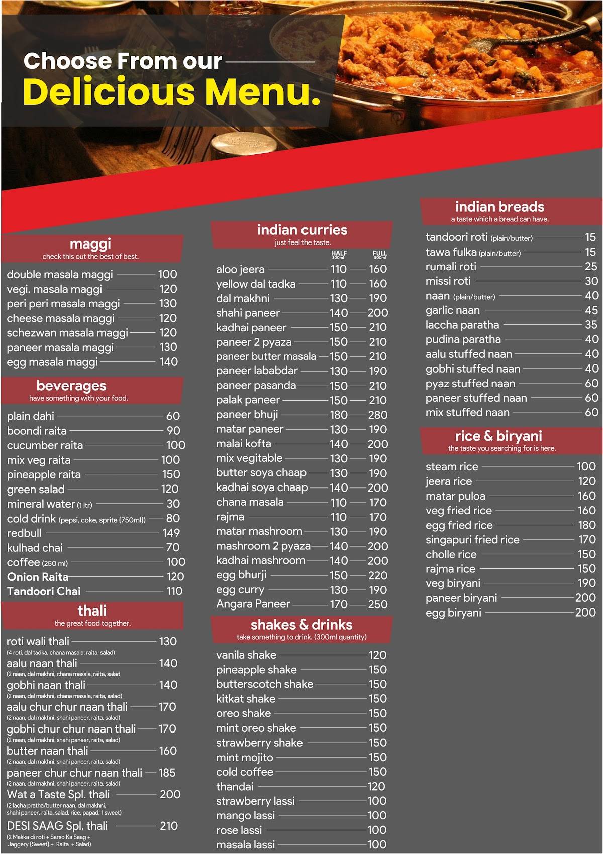 Menu at Wat A Taste!, Dehradun