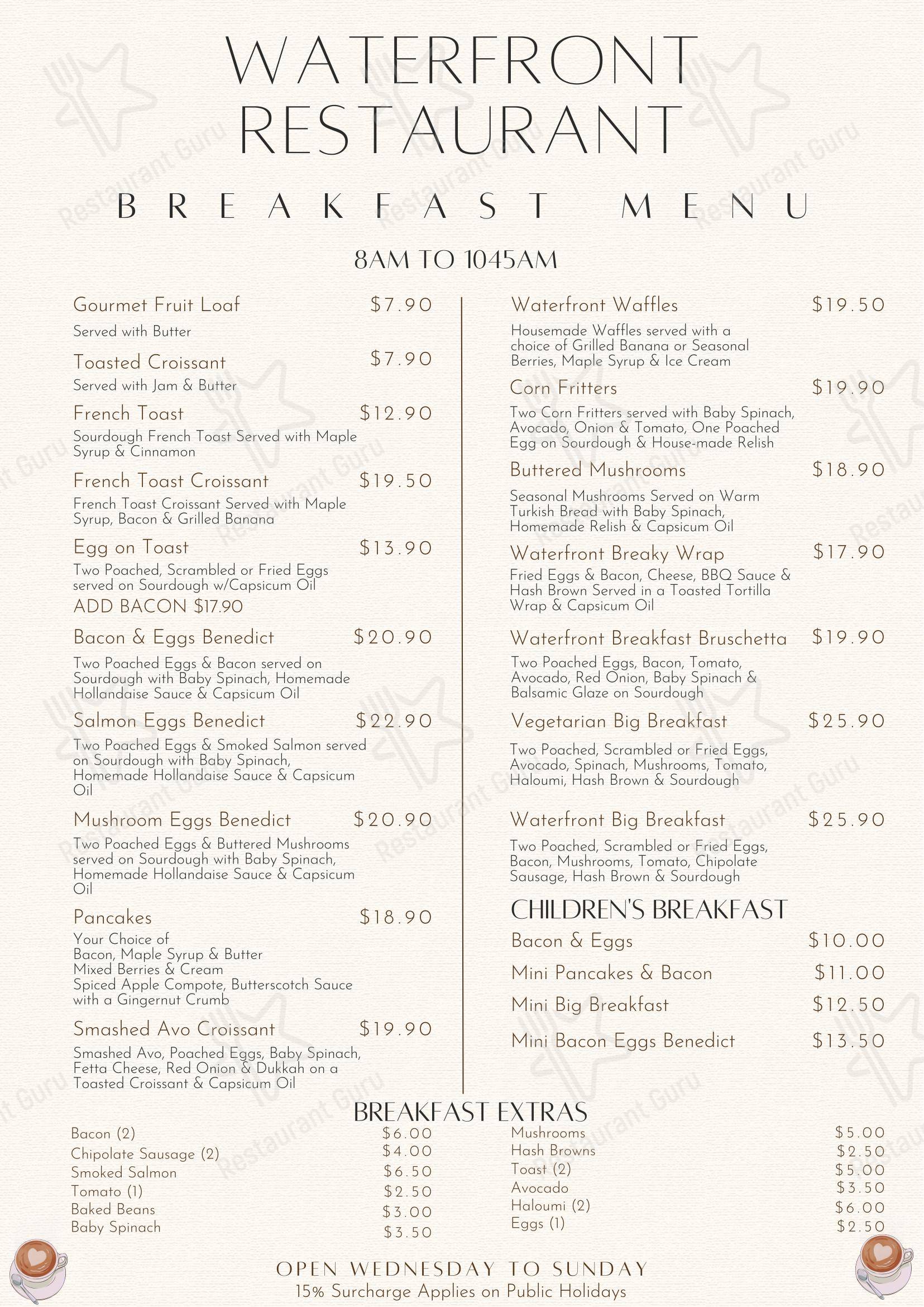 Menu at Waterfront Restaurant, Urangan, On the Beach Cnr Pulgul St
