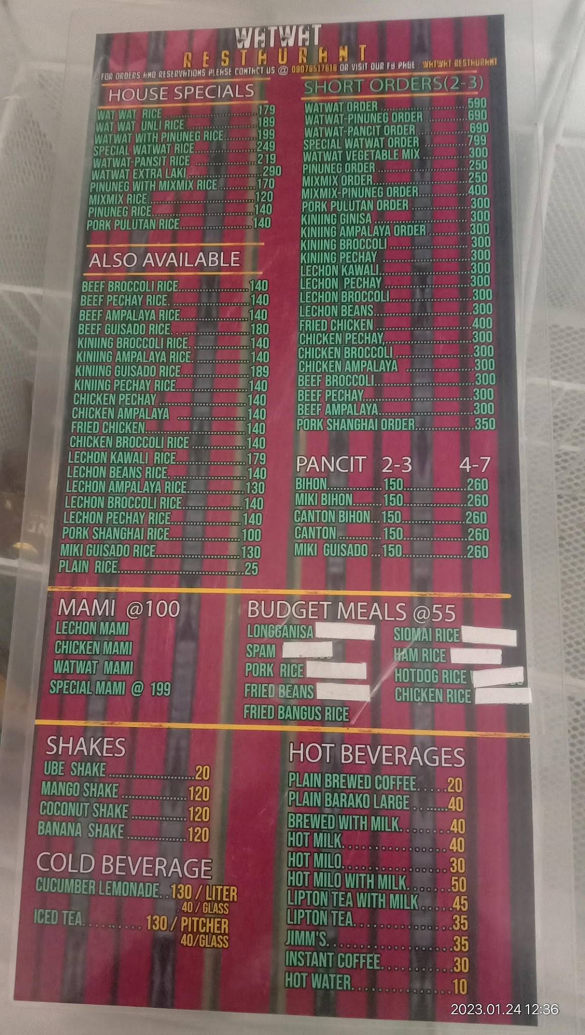 Menu at Watwat Restaurant, Baguio