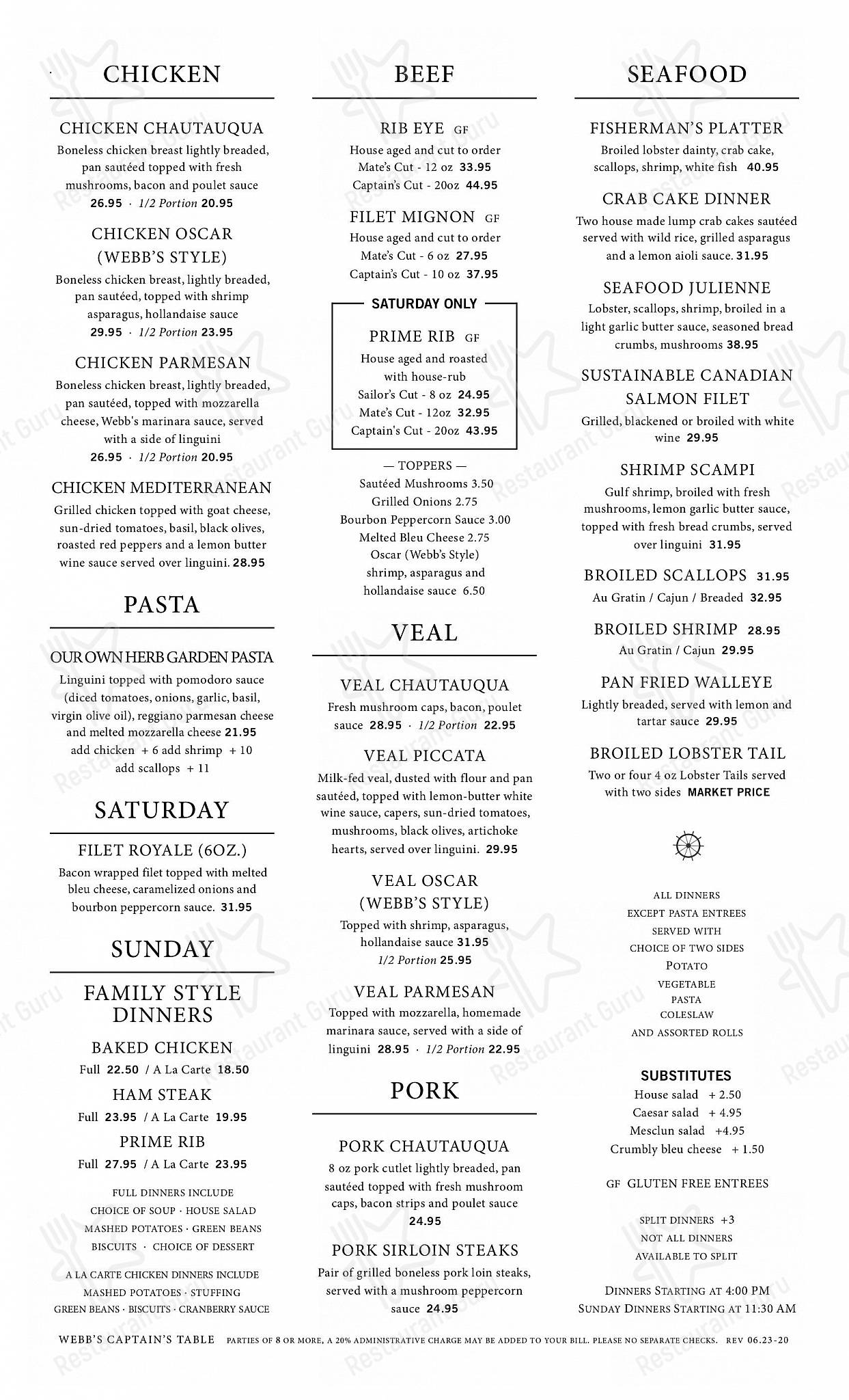 Menu at Webb's Captain's Table Restaurant, Mayville