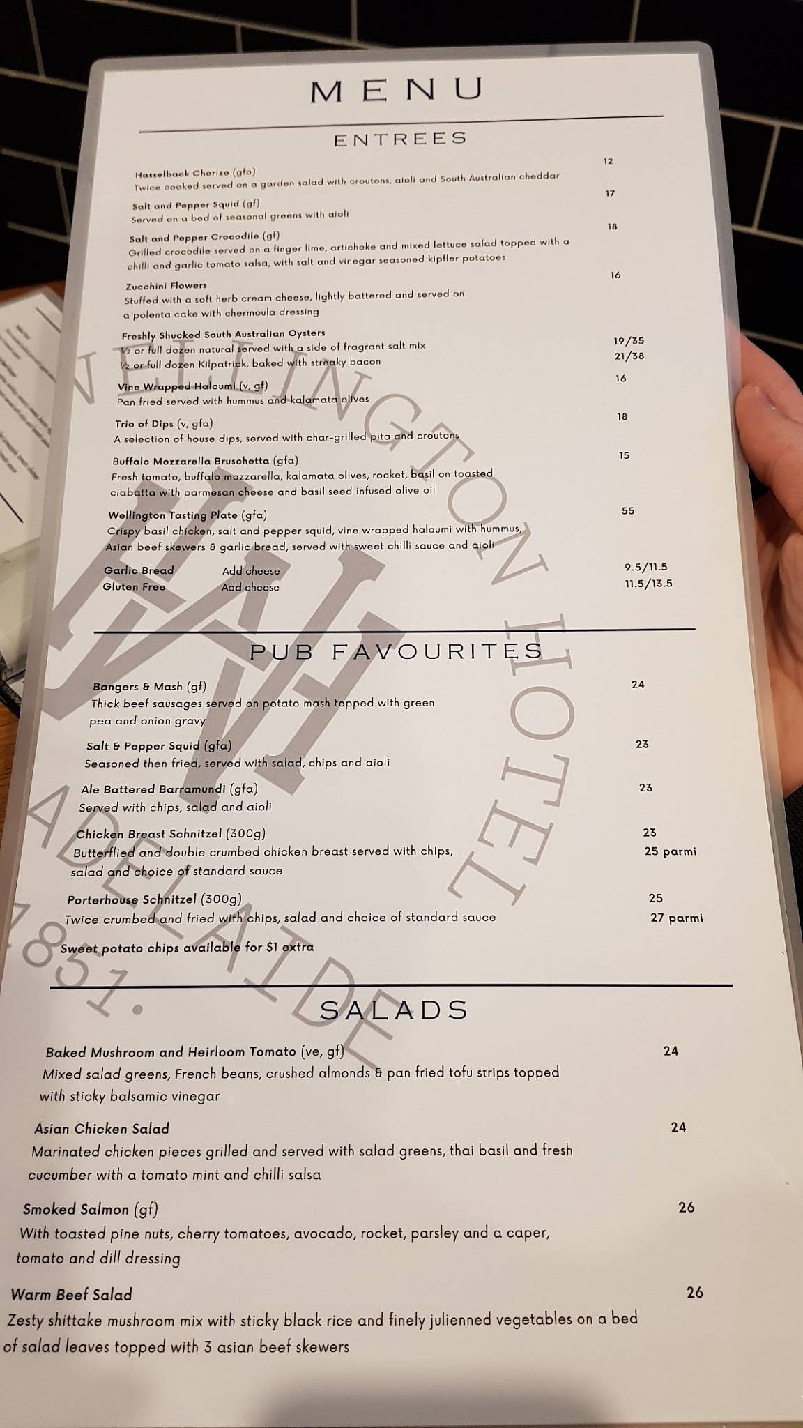 Menu at Wellington Hotel restaurant, North Adelaide
