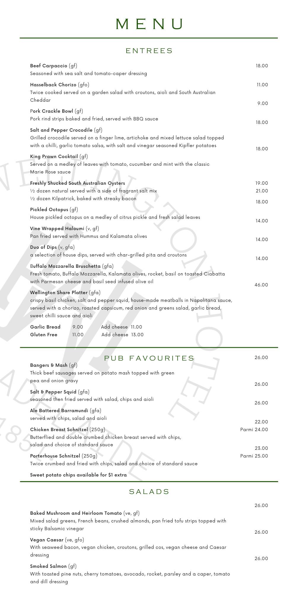 Menu at Wellington Hotel restaurant, North Adelaide