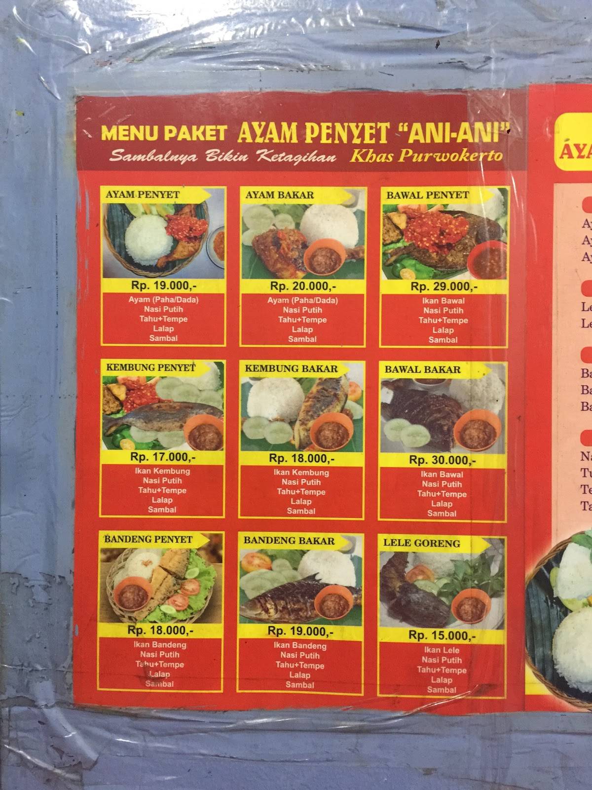 Carta del restaurante Ayam Penyet Ani-Ani Khas Purwokerto, West Jakarta