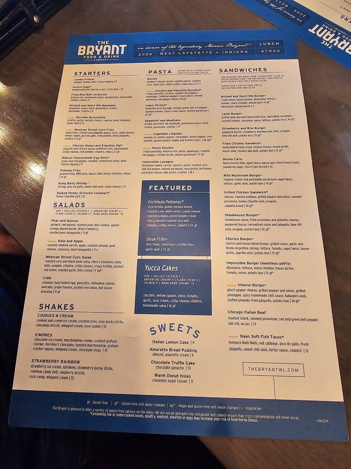 Menu at The Bryant pub & bar, West Lafayette, Sagamore Pkwy W
