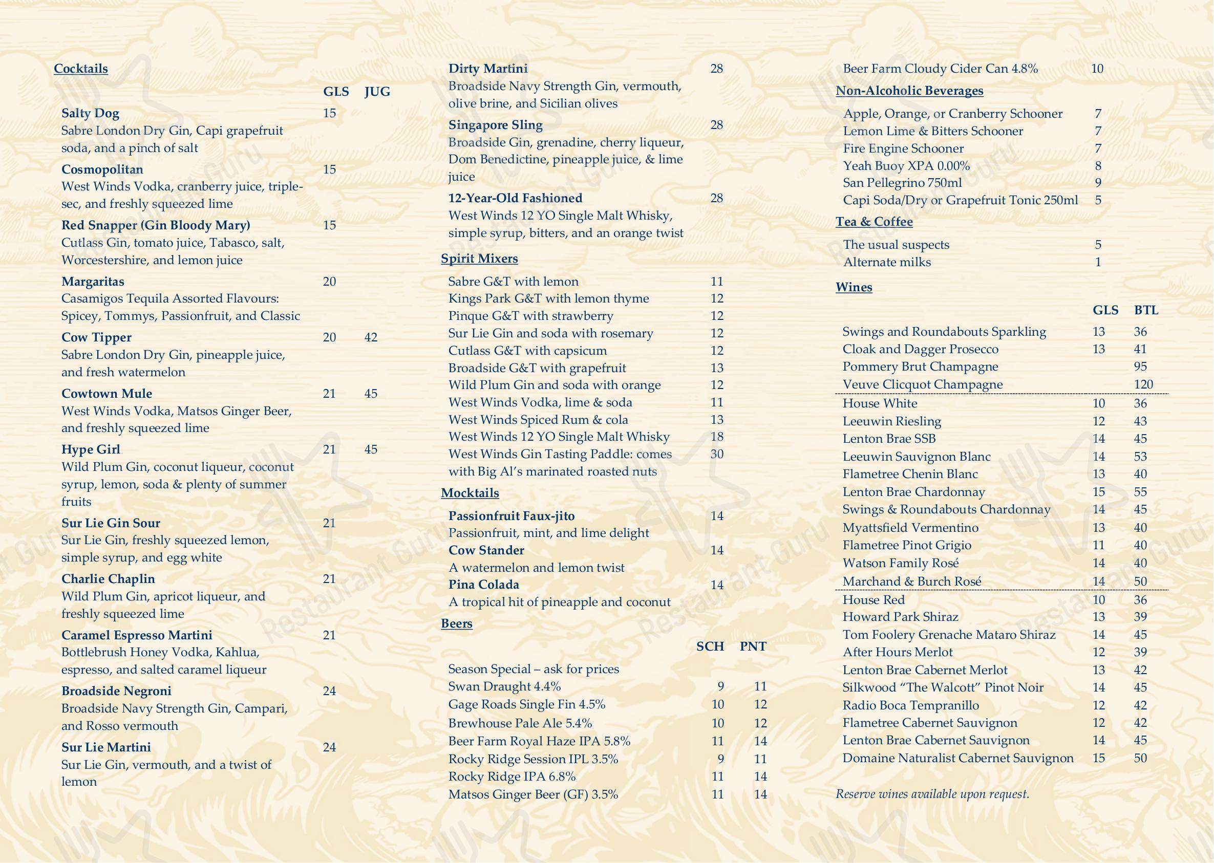 Menu at West Winds Distillers pub & bar, Cowaramup