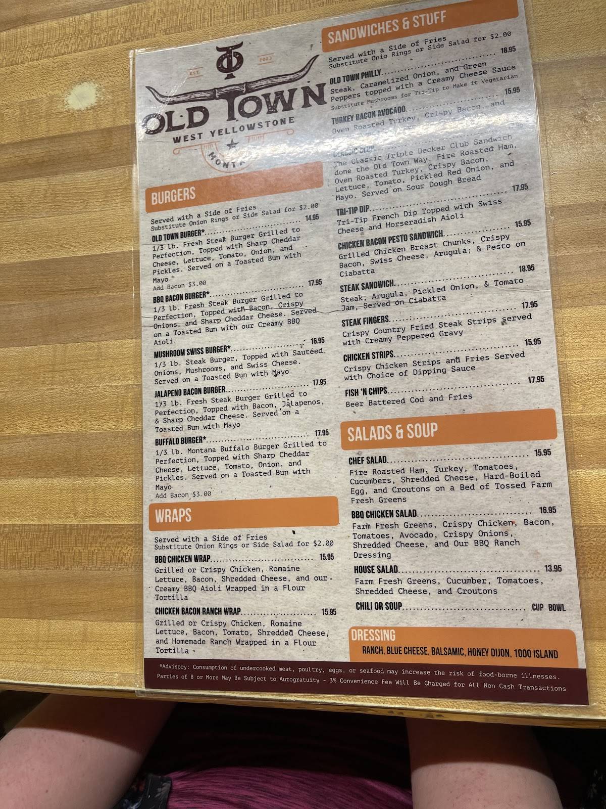 Menu at Old Town Cafe, West Yellowstone