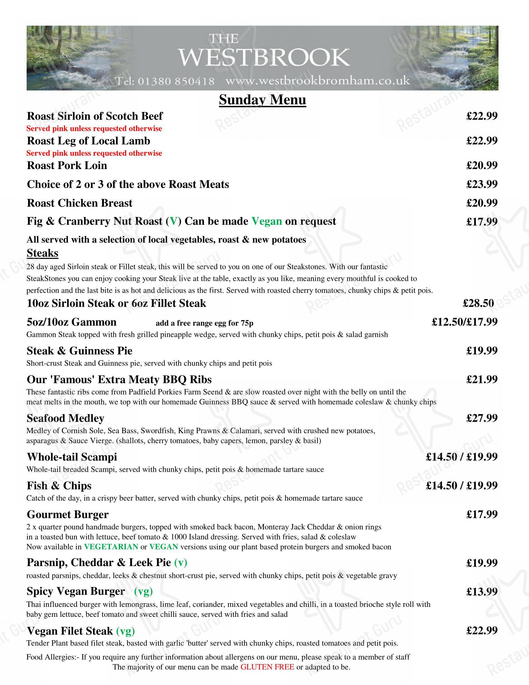Menu at Westbrook Inn pub & bar, Bromham, 107 Westbrook Rd