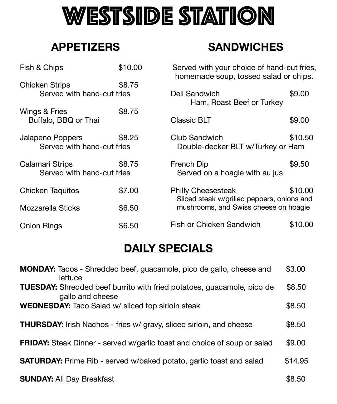 Menu at Westside Station Restaurant, Salem