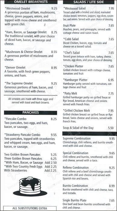 Menu at Westwood Inn restaurant, Lakewood