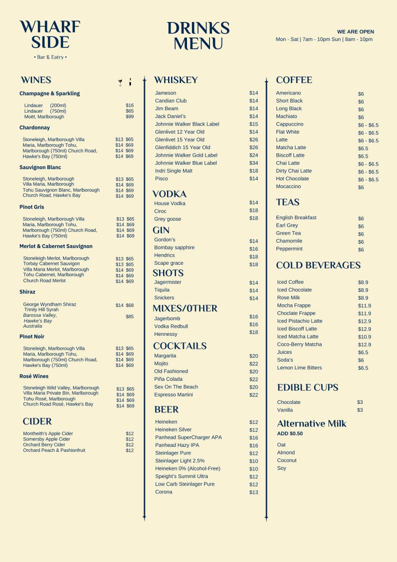 Carta de Wharfside Bar & Eatery, Auckland