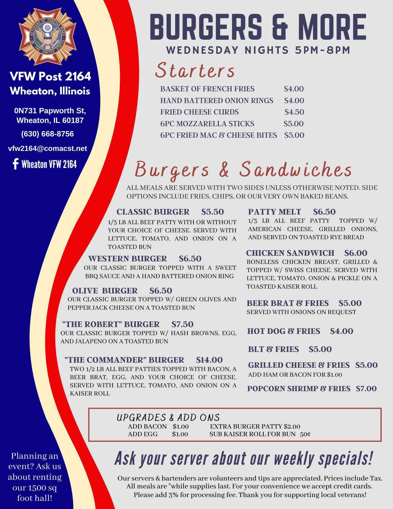 Menu at Wheaton VFW Fish Fry restaurant, Wheaton