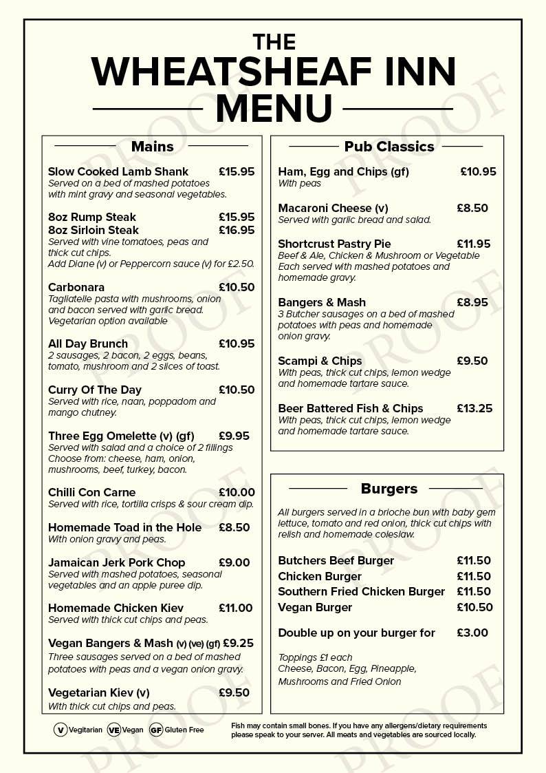Menu at Wheatsheaf Inn pub & bar, New Milton