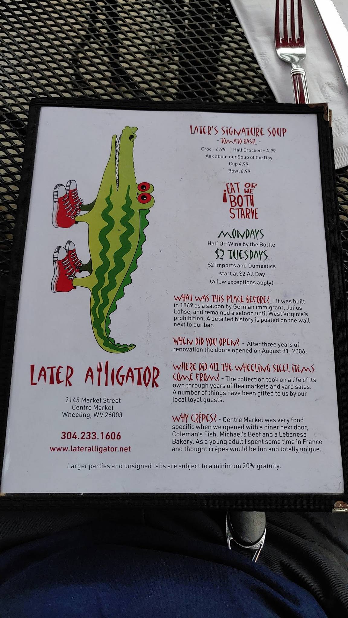 Carta del pub y bar Later Alligator, Wheeling