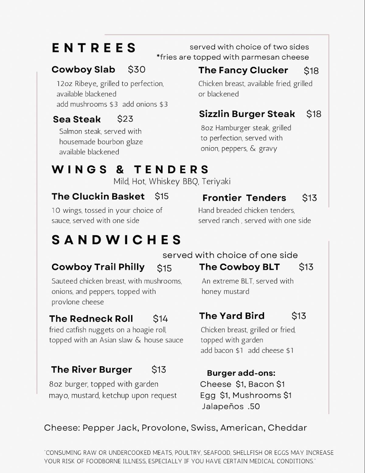 Menu at Whiskey River Bar & Grill, Valdosta