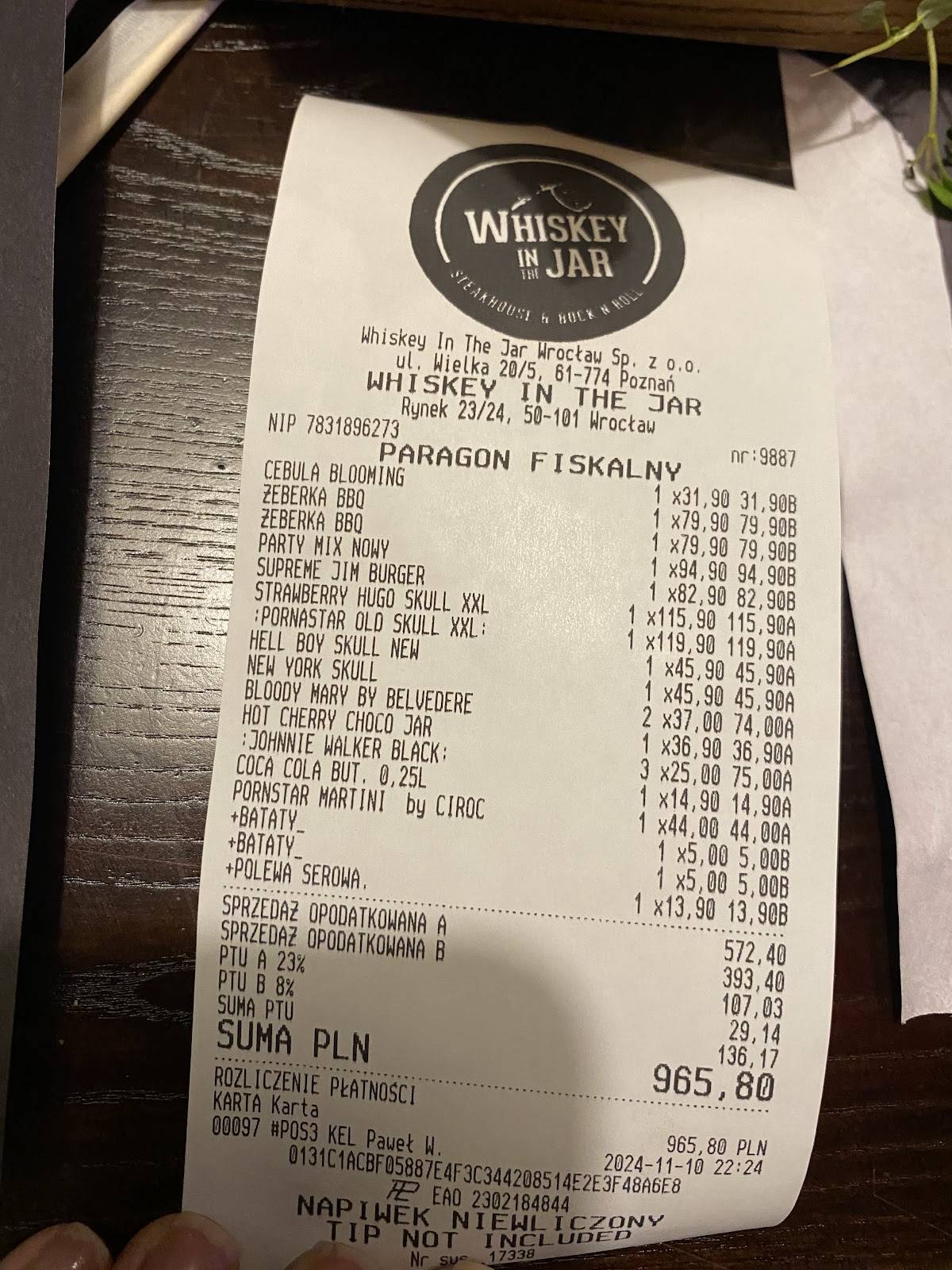 Carta del pub y bar Whiskey in the Jar, Wroclaw (Breslavia)